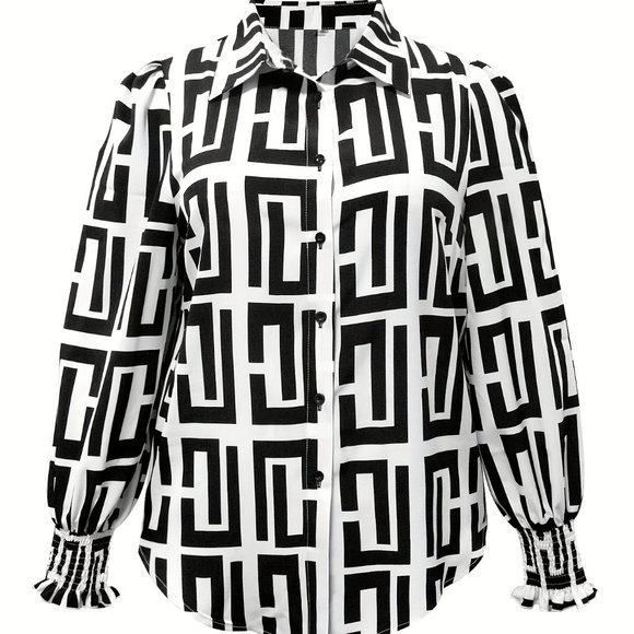 Passion of Essence | Tops | Plus Size Elegant Geometric Shirred Lantern Sleeve Button Up Lapel ...